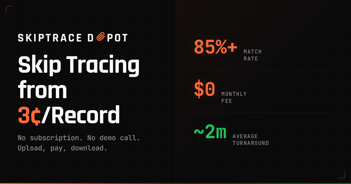Skip Trace Depot | Skip Tracing from 3¢/Record, No Subscription